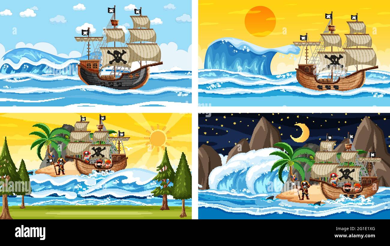 Set of different beach scenes with pirate ship and pirate cartoon ...