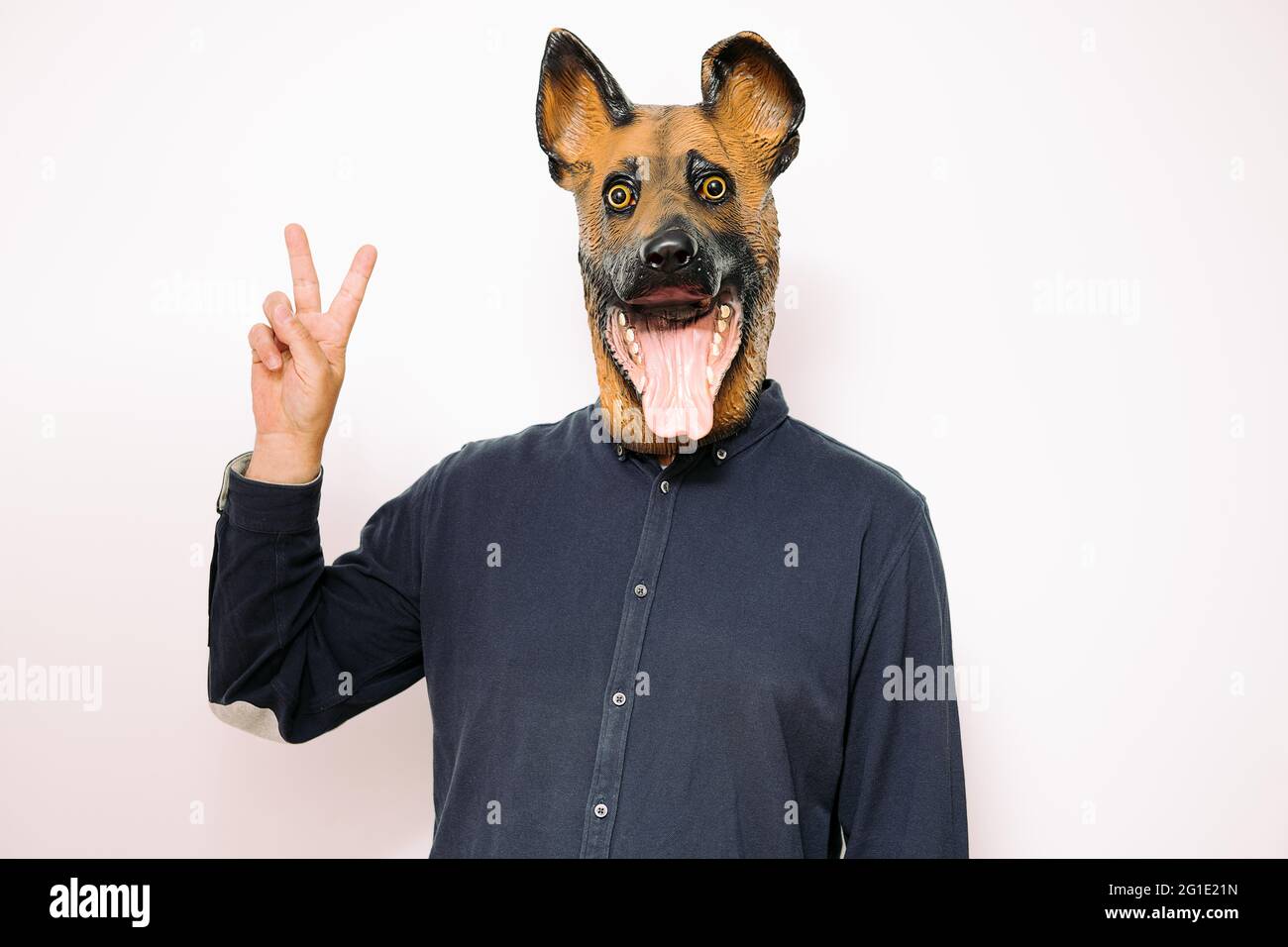 costumed person with a dog mask making the victory sign with one hand ...