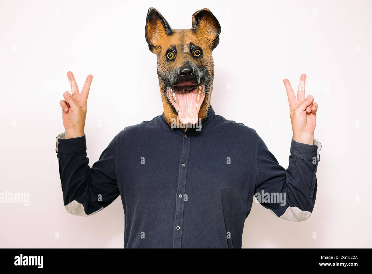 costumed person with a dog mask making the victory sign with both hands ...