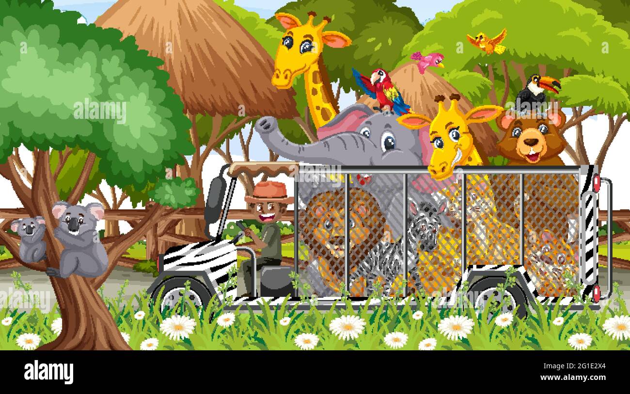 Safari scene with wild animals in the cage car illustration Stock ...