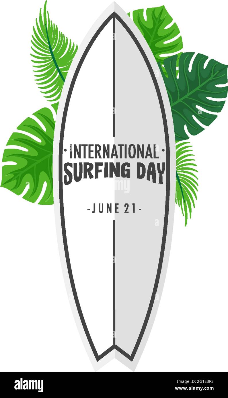 International Surfing Day font on surfboard banner with tropical leaves ...