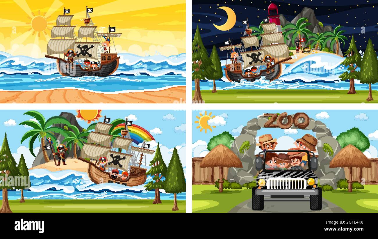 Set of different beach scenes with pirate ship and pirate cartoon ...