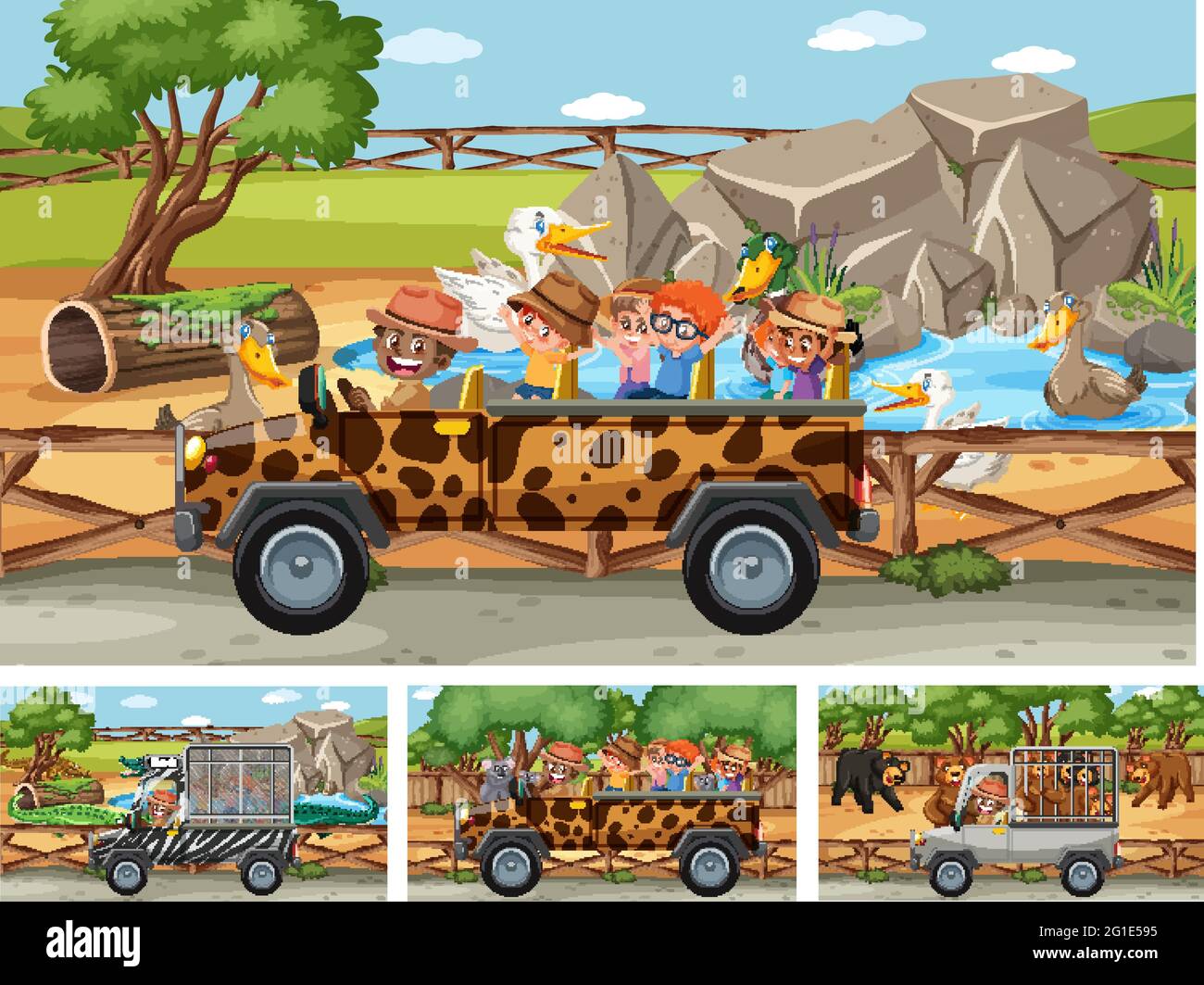 Different safari scenes with animals and kids cartoon character ...