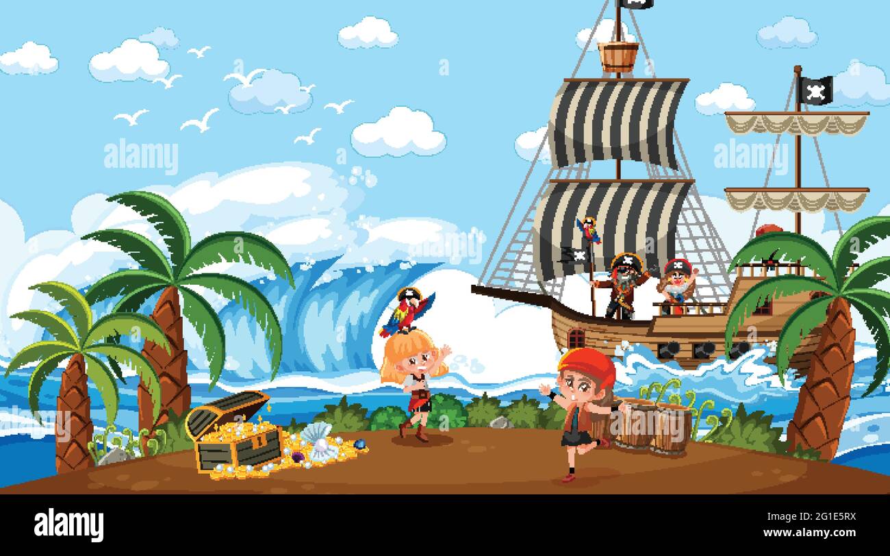 Treasure Island scene at daytime with Pirate kids illustration Stock ...