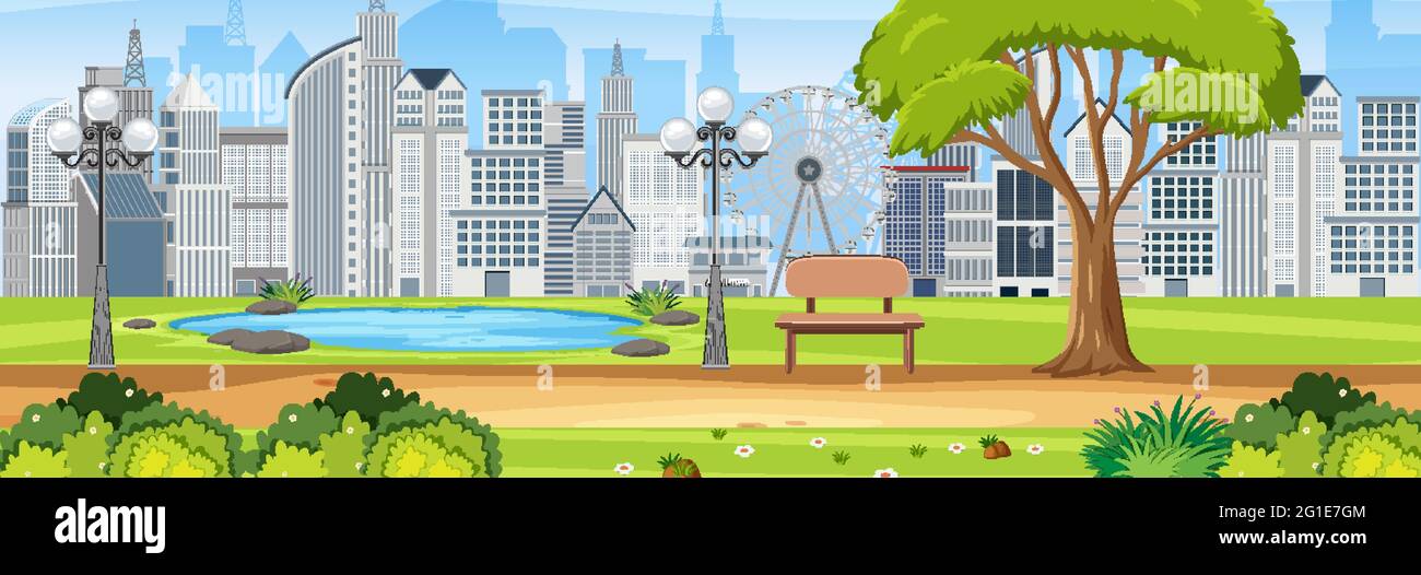 City park horizontal scene with many buildings background illustration ...
