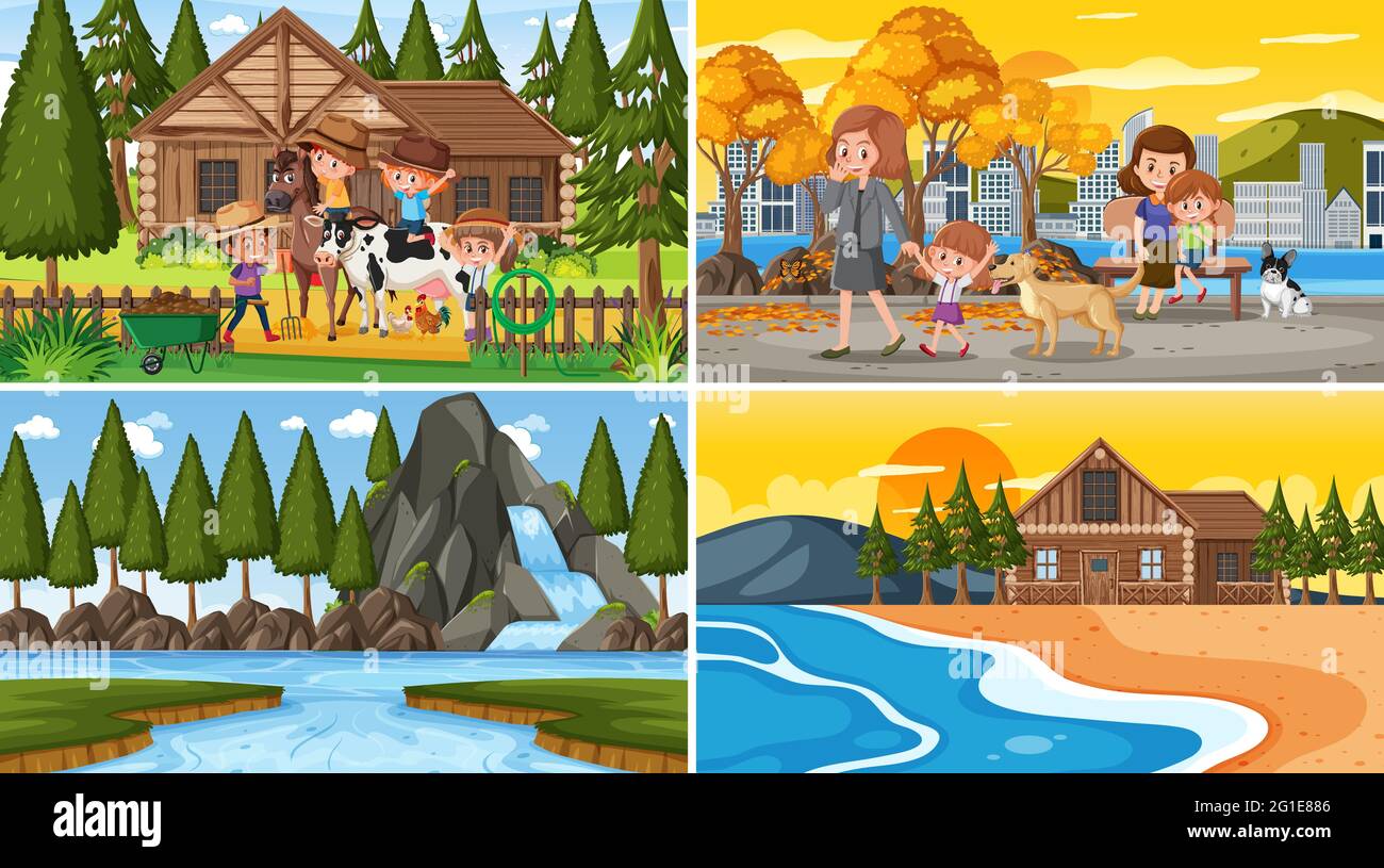 Set of different nature scenes cartoon style illustration Stock Vector ...