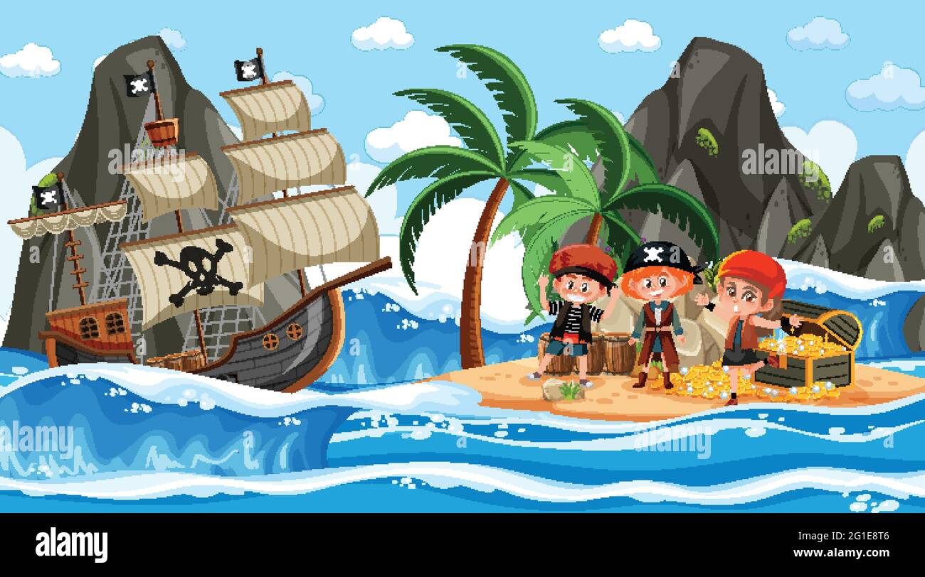 Ocean scene at daytime with Pirate kids standing on Treasure Island ...