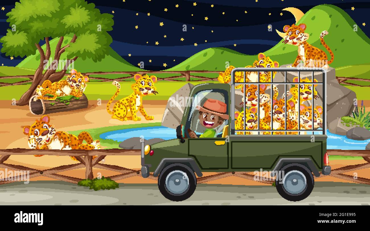Zoo concept with leopard group in the cage car illustration Stock ...