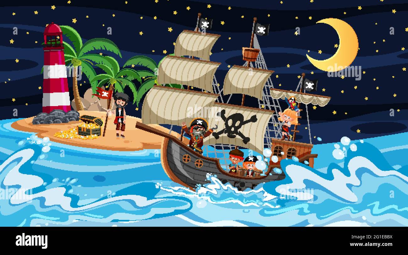 Island with Pirate ship at night scene in cartoon style illustration ...