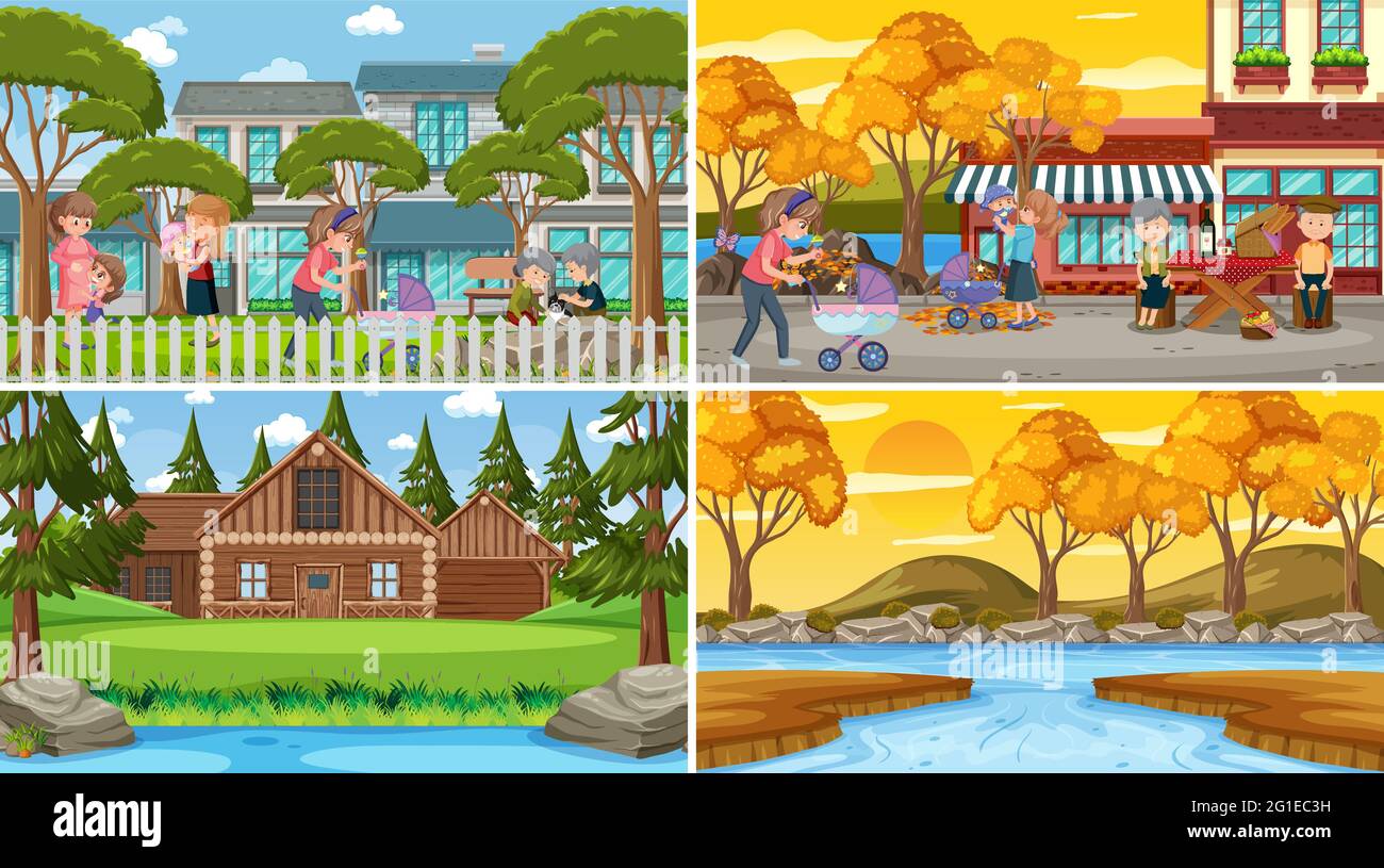 Set of different nature scenes cartoon style illustration Stock Vector ...