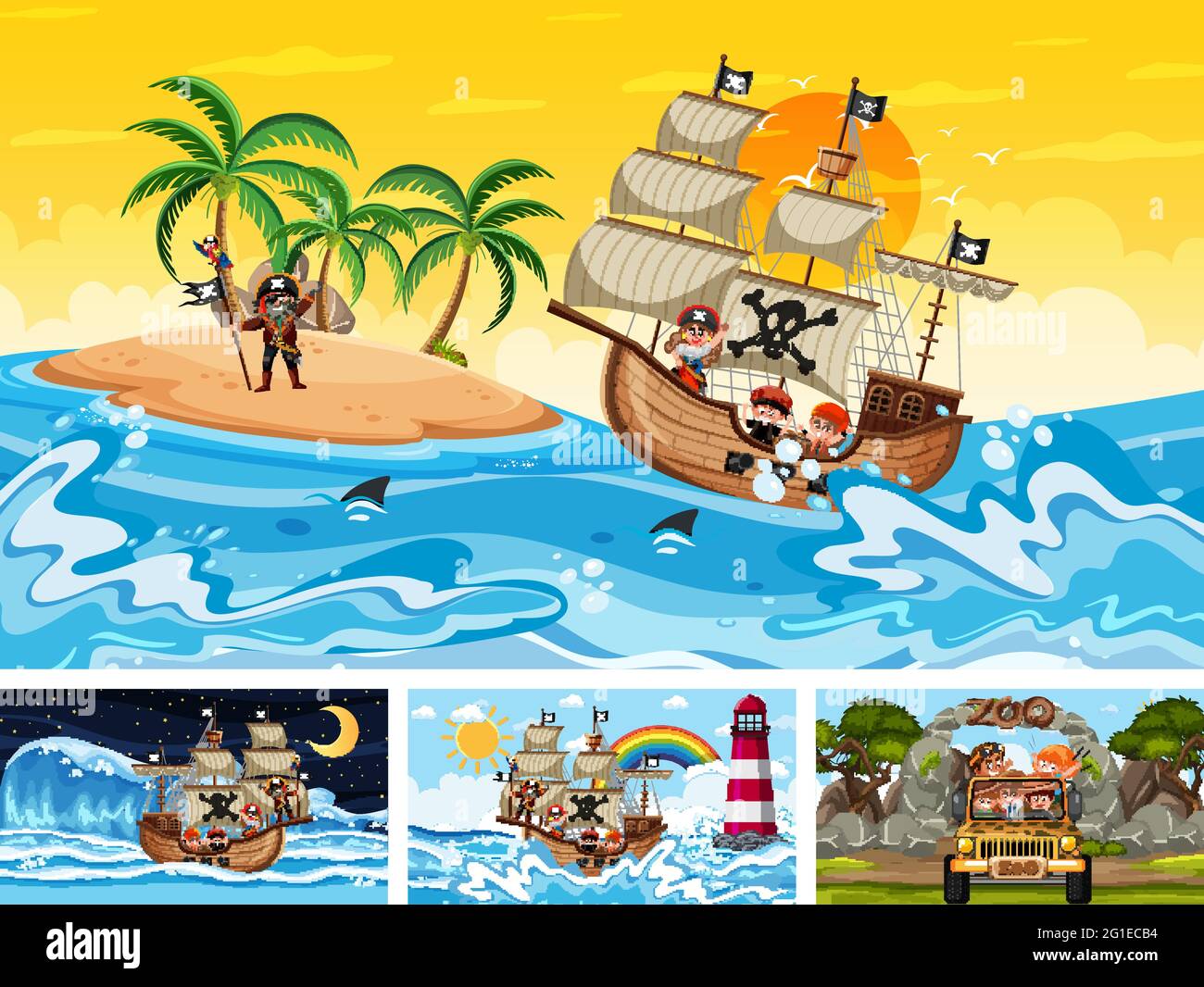 Set of different scenes with pirate ship at the sea and animals in the ...
