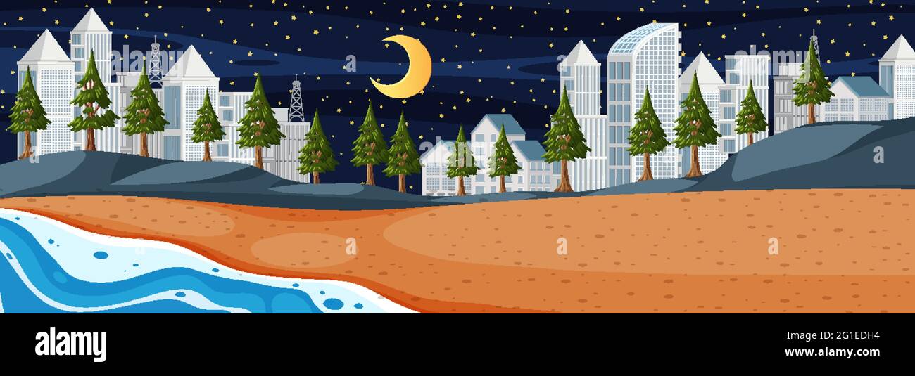 Beach horizontal scene at night with city background illustration Stock ...