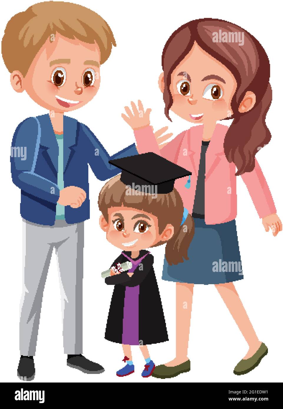 Happy little girl in graduation costume with her parents illustration ...