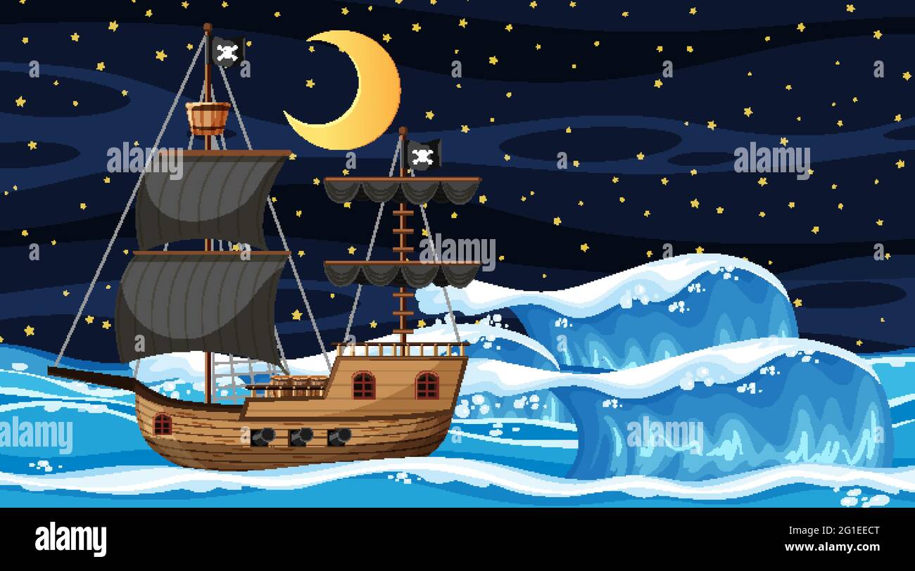 Ocean with Pirate ship at night scene in cartoon style illustration ...
