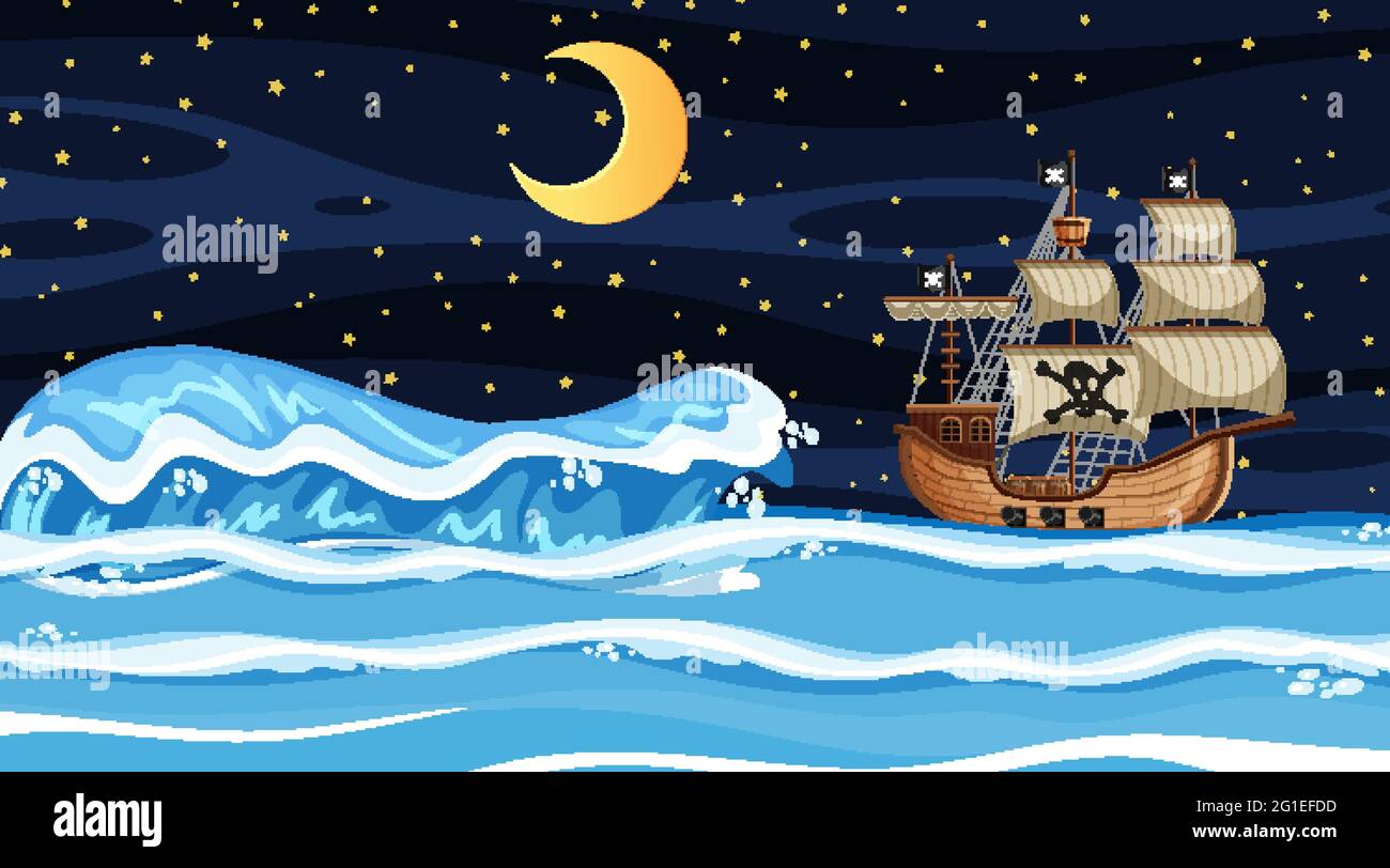 Ocean scene at night with Pirate ship in cartoon style illustration ...