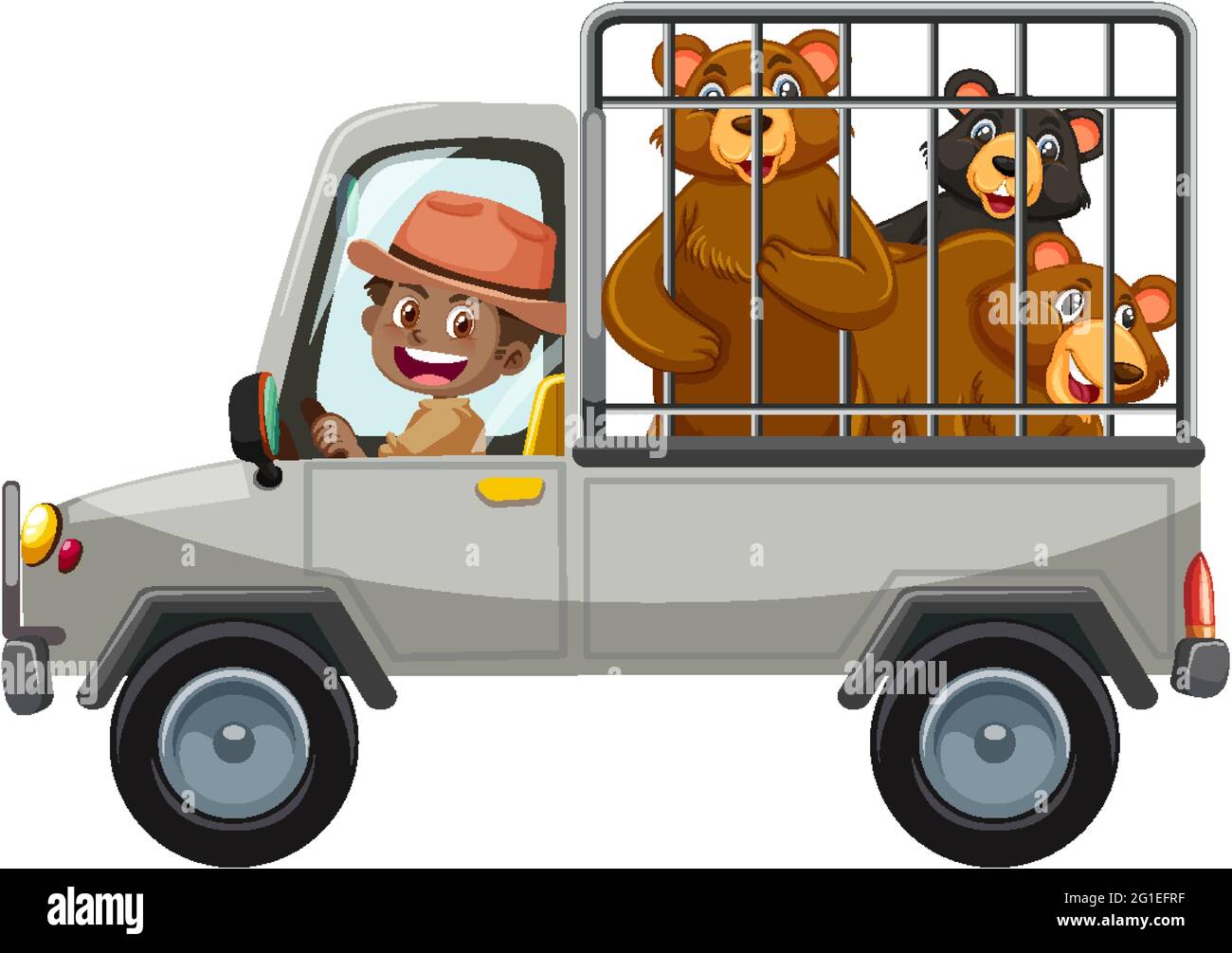 Zoo concept with bear group in the cage car isolated on white ...