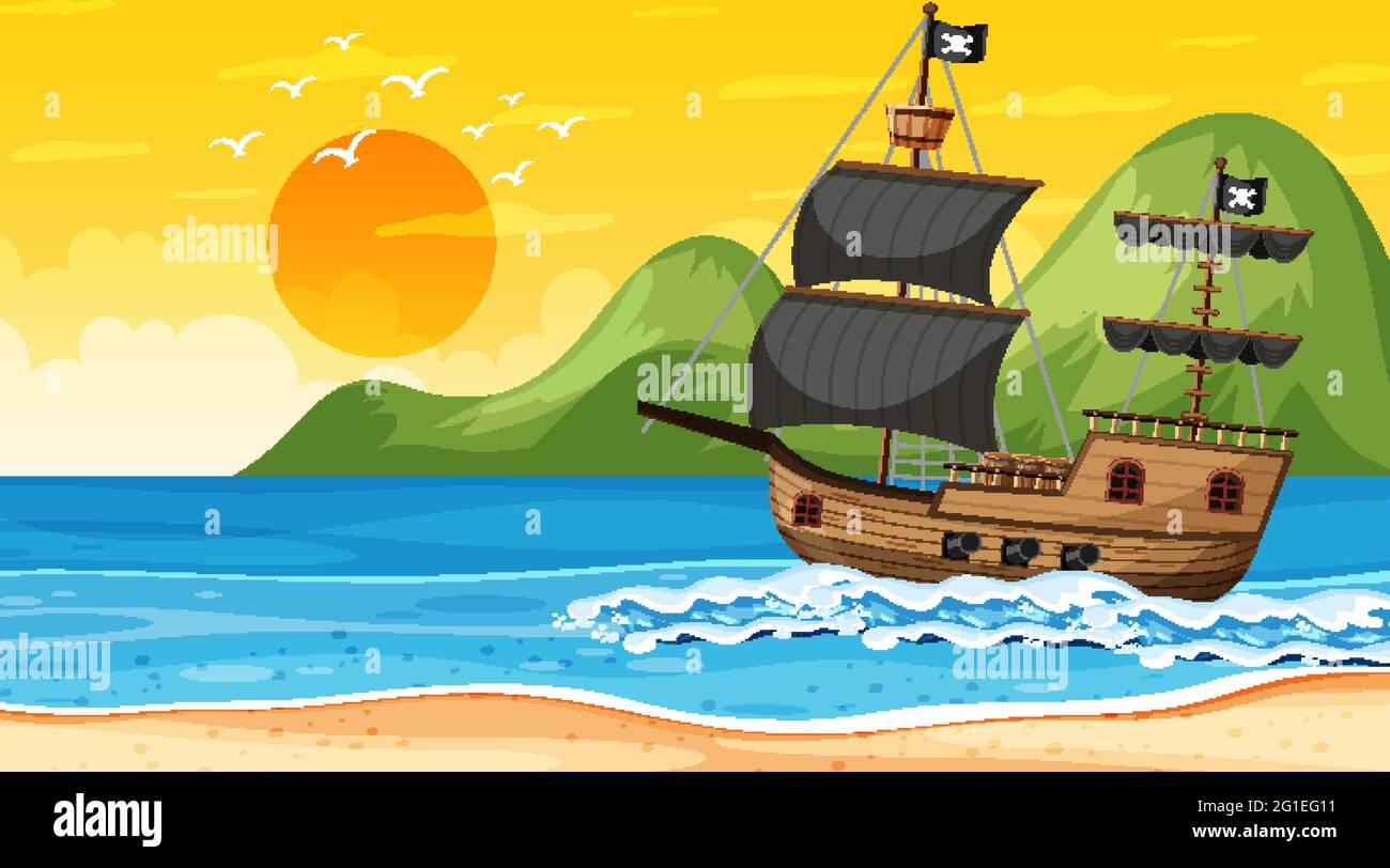 Ocean with Pirate ship at sunset time scene in cartoon style ...