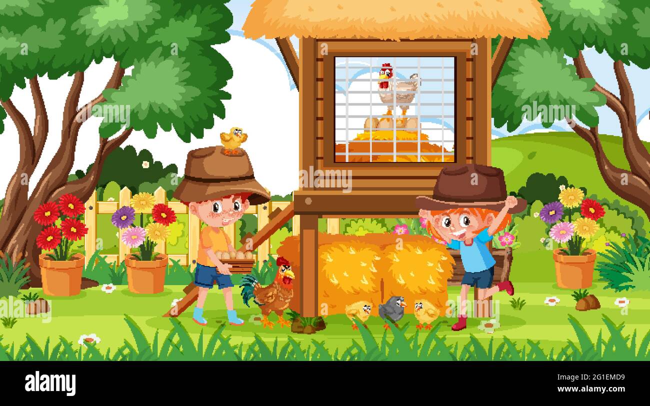 Scene with happy kids playing in the garden at day time illustration ...