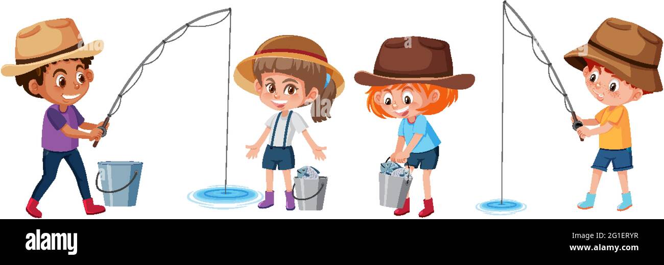 Set of different kids fishing fish cartoon character on white ...