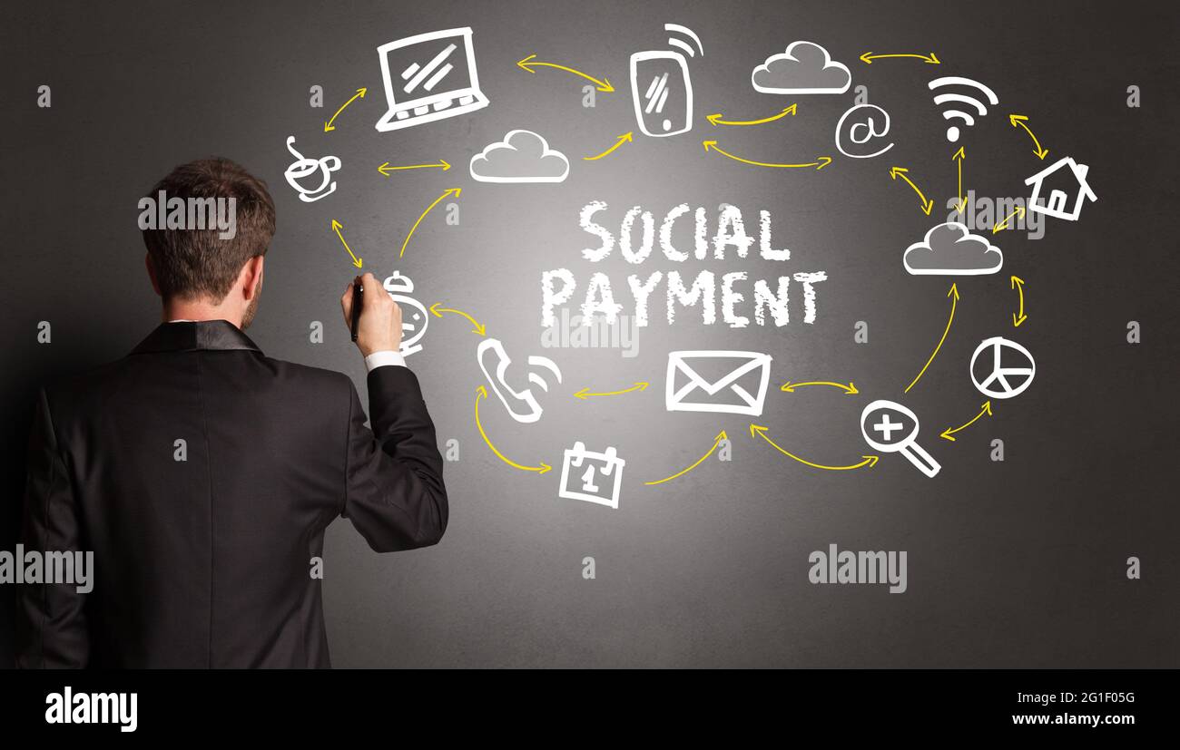 businessman drawing social media icons Stock Photo - Alamy