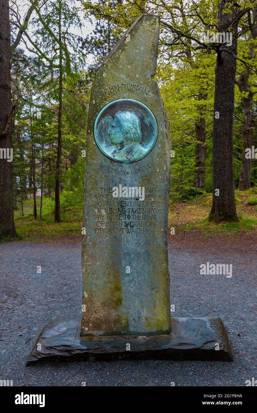The John Ruskin memorial stone at Friar's Crag on Derwent Water, Lake ...