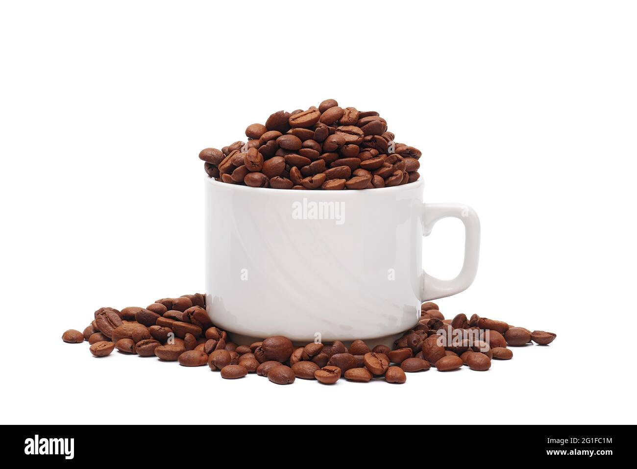 white coffee cup overfilled with roasted coffee beans isolated on white ...