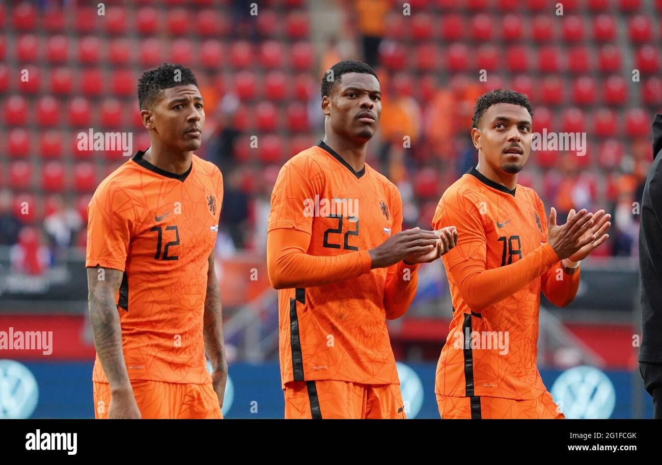 L-R Patrick van Aanholt, Denzel Dumfries and Owen Wijndal during ...