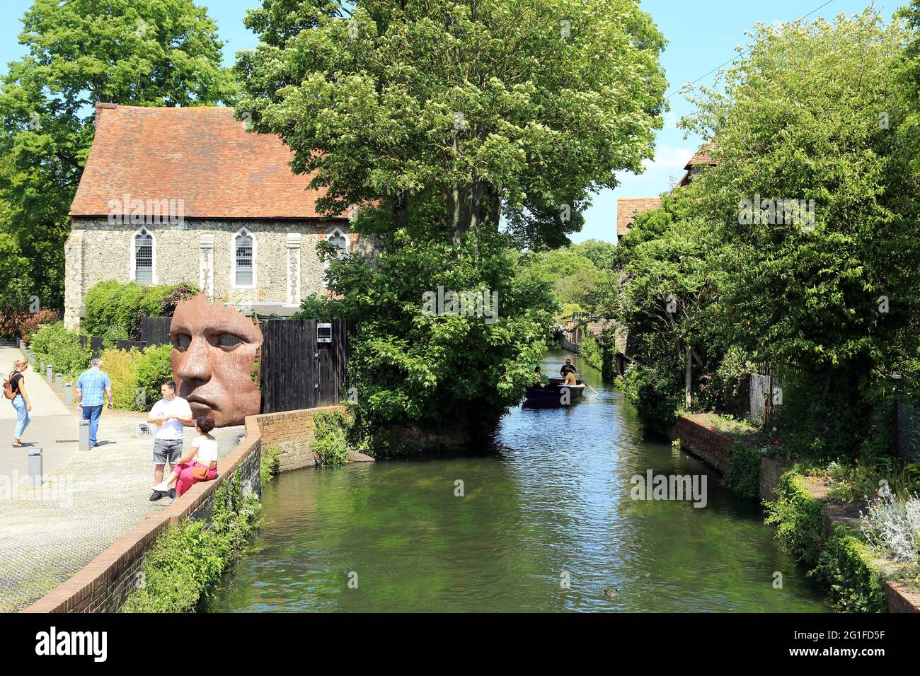 View of boats on the Great Stour River from The Friars bridge ...