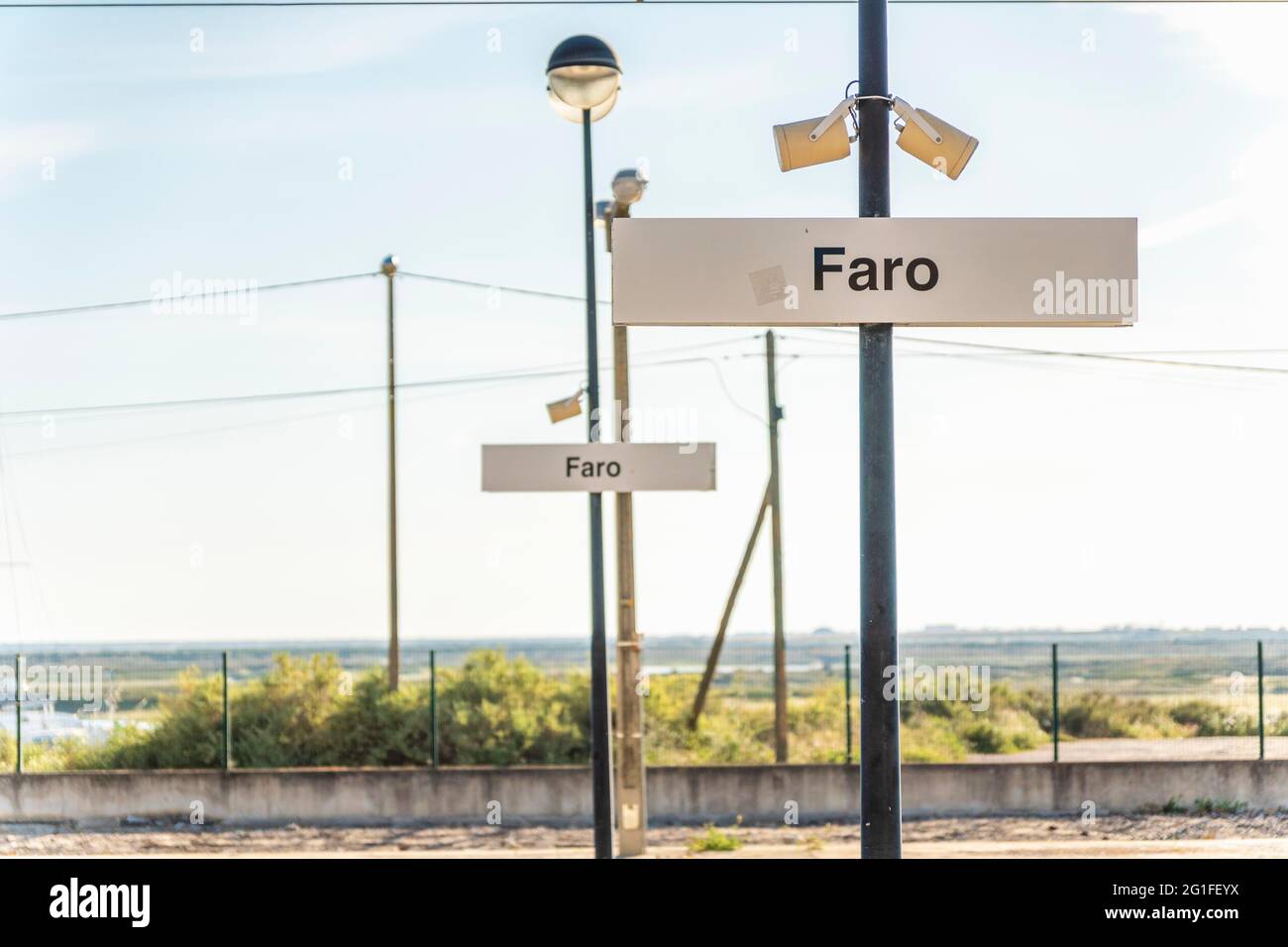 Faro signs on two platforms of the train station in Algarve, Portugal ...