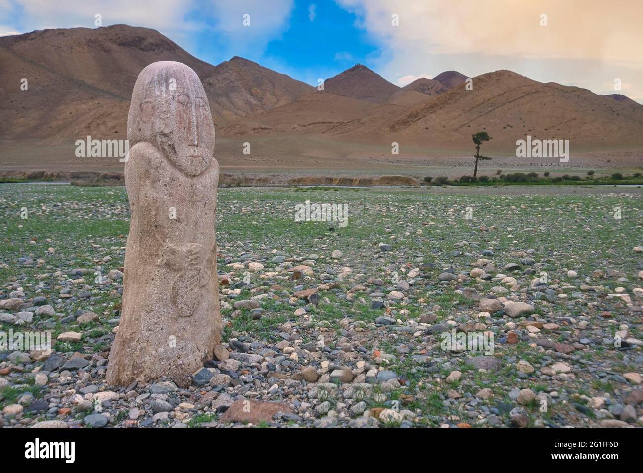 Stone stele of a Turkic warrior or Balbal, Sagsai river prehistoric ...