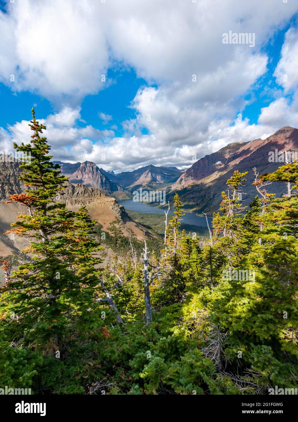 View of Two Medicine Lake with forest, hiking trail to Scenic Point ...