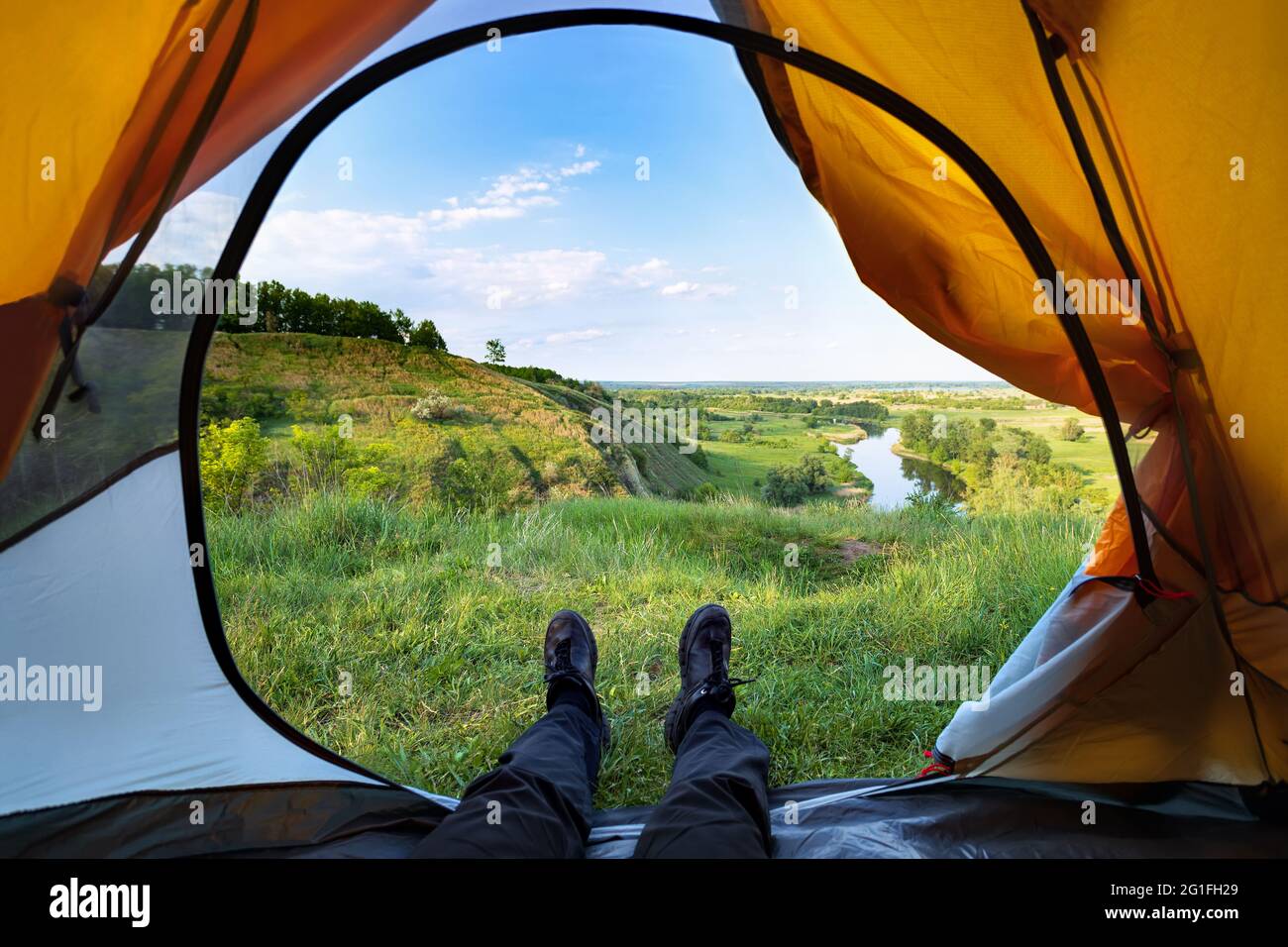 View from inside a tent on beautiful summer landscape Stock Photo - Alamy