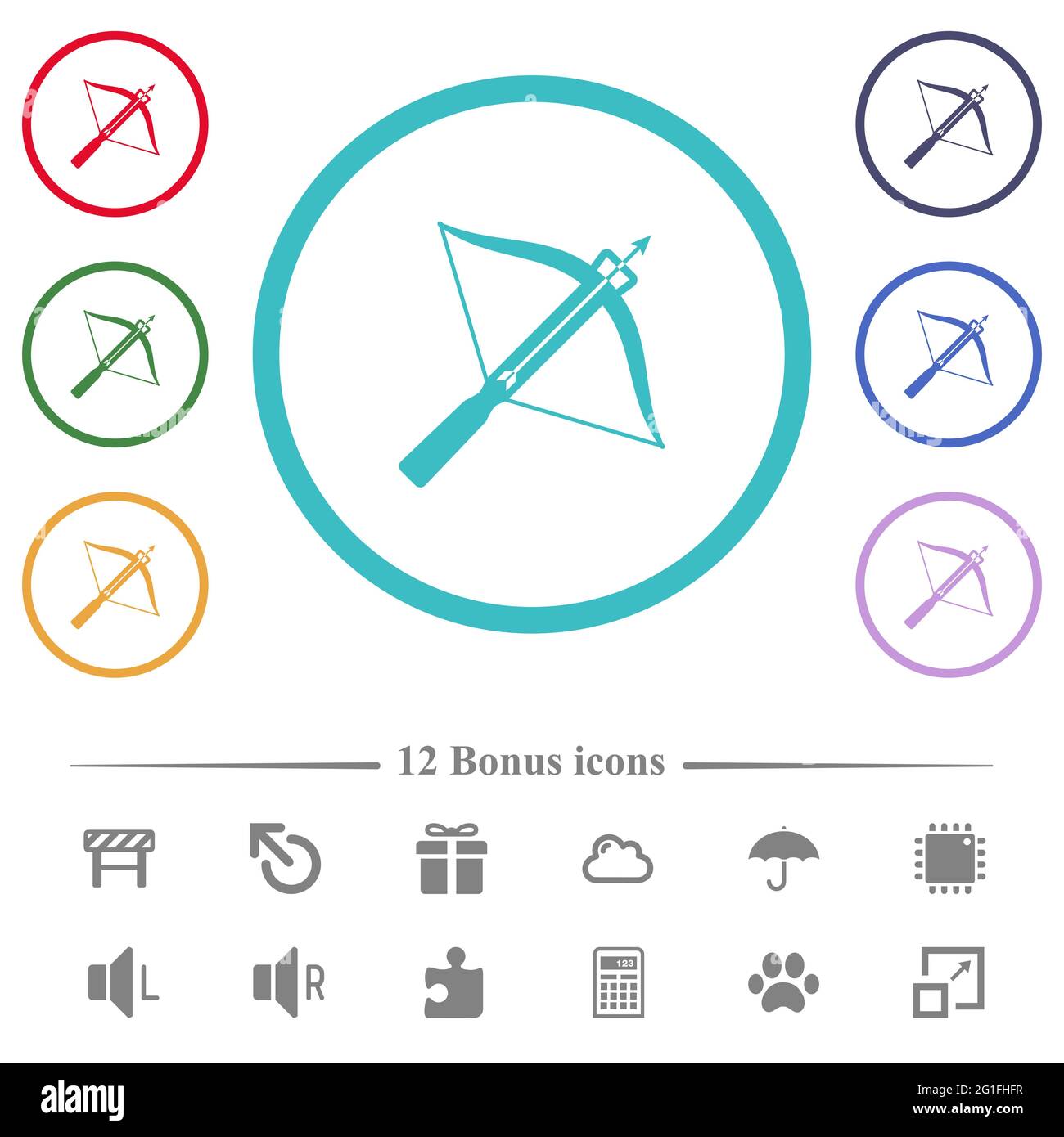 Crossbow with arrow flat color icons in circle shape outlines. 12 bonus ...
