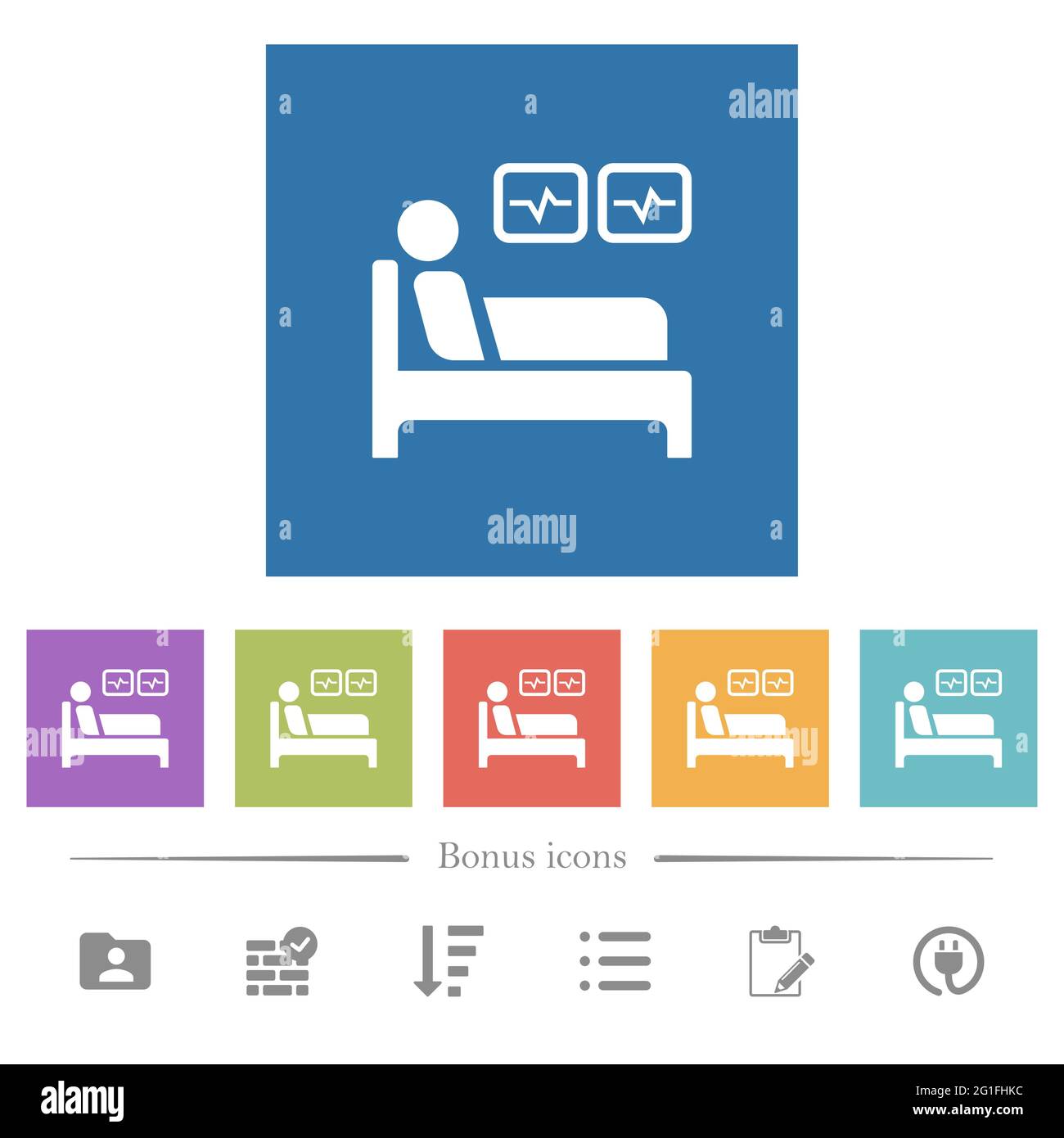 Intensive care flat white icons in square backgrounds. 6 bonus icons ...