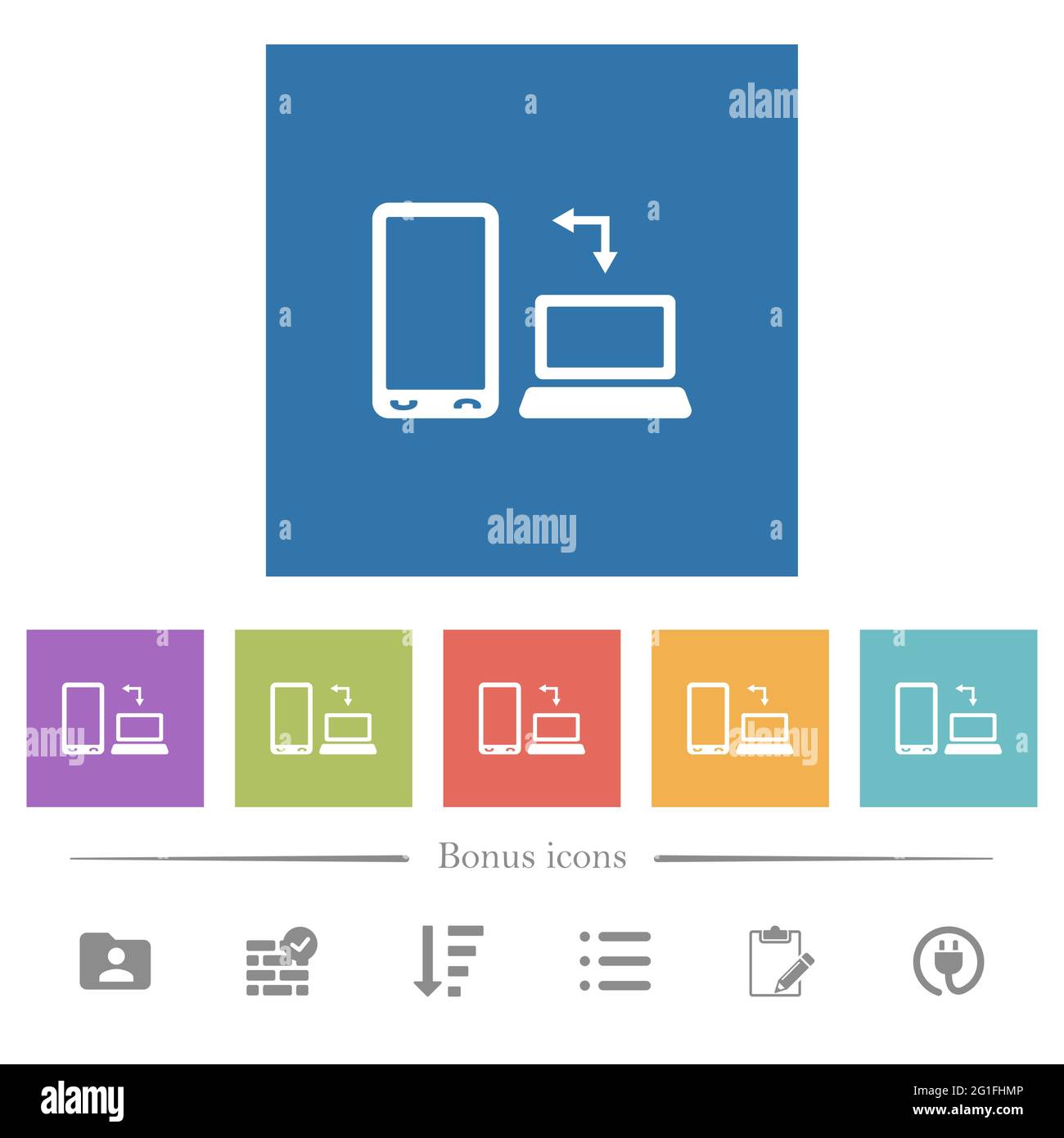 Syncronize mobile with computer flat white icons in square backgrounds. 6 bonus icons included ...