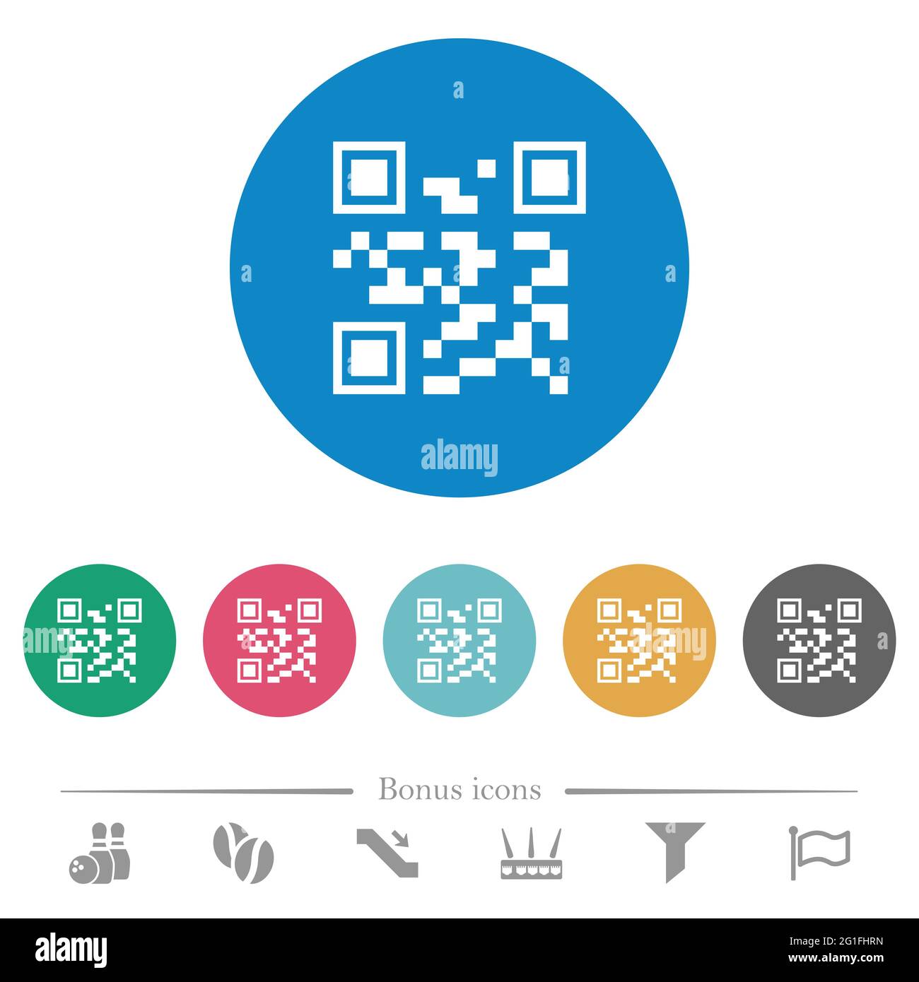 QR code flat white icons on round color backgrounds. 6 bonus icons ...
