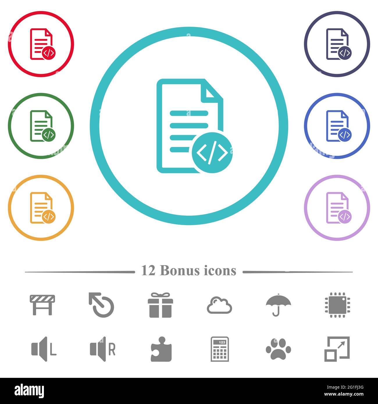 Source code document flat color icons in circle shape outlines. 12 ...