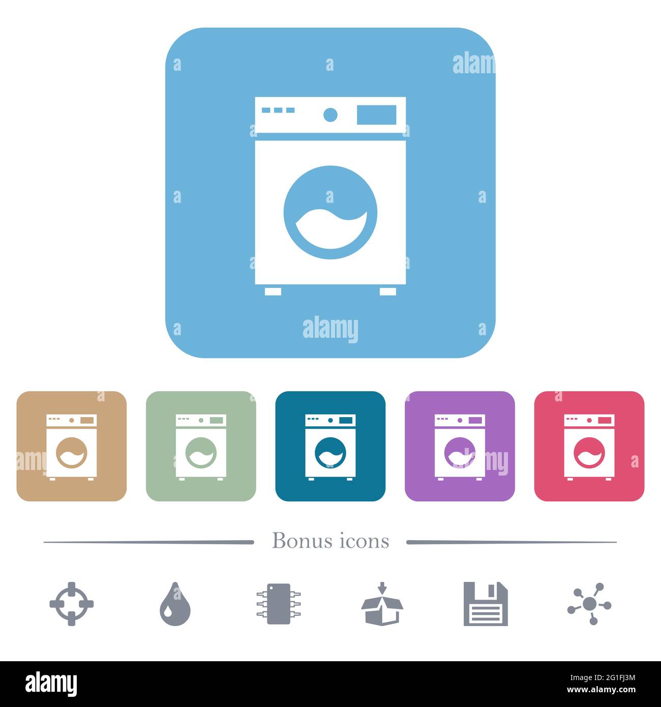 Washing machine white flat icons on color rounded square backgrounds. 6 ...