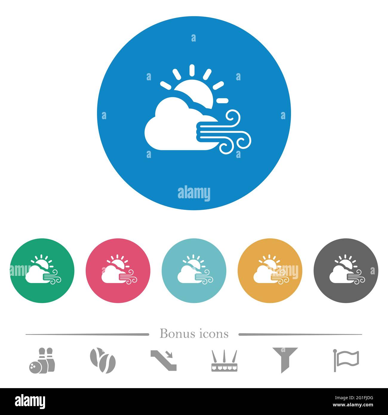Sunny and windy weather flat white icons on round color backgrounds. 6 ...