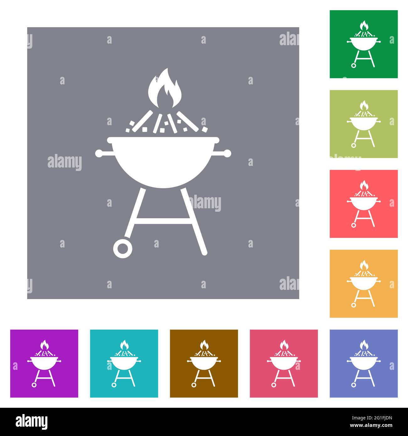 Burning barbecue grill flat icons on simple color square backgrounds ...
