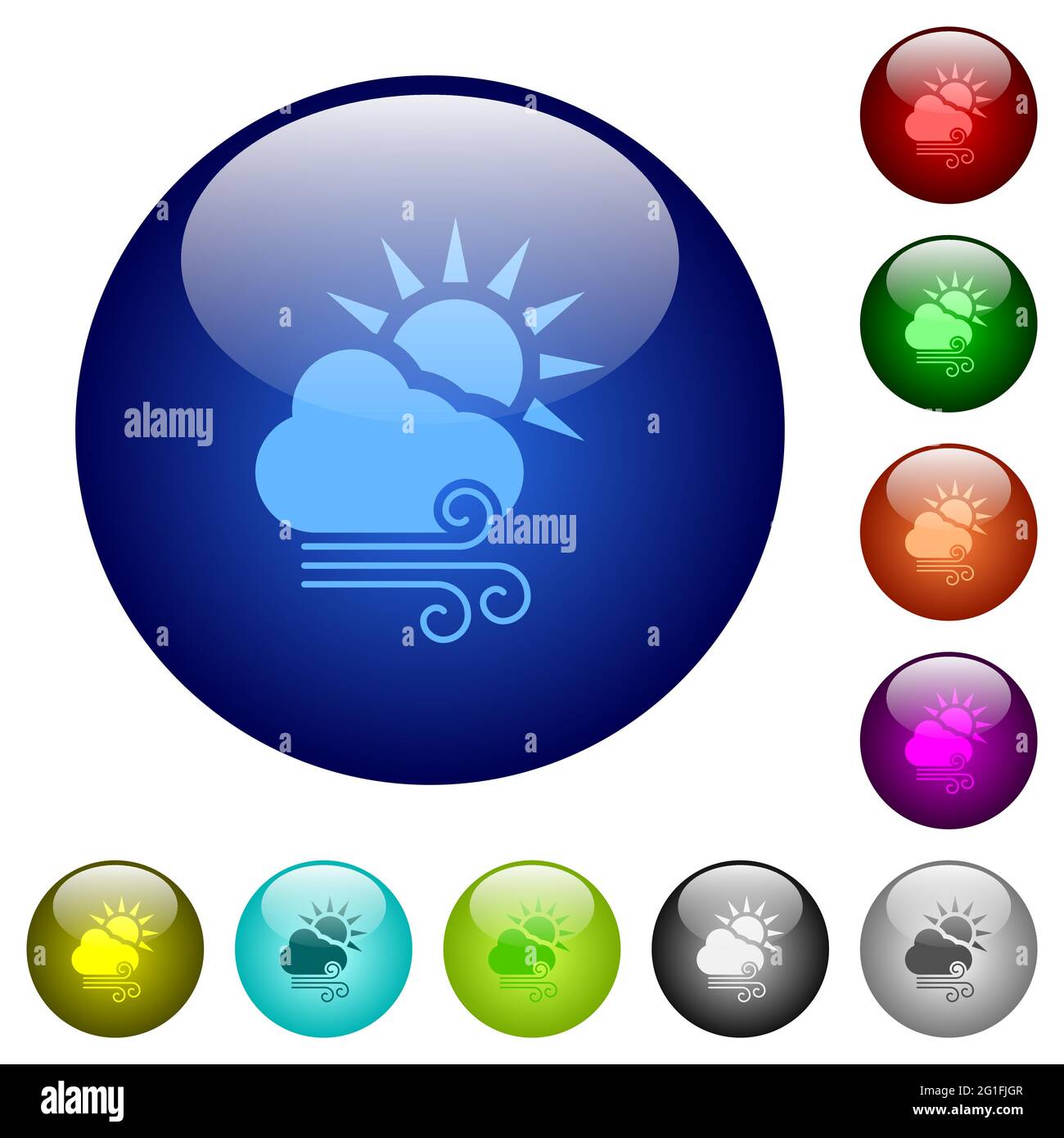 Sunny and windy weather icons on round glass buttons in multiple colors ...