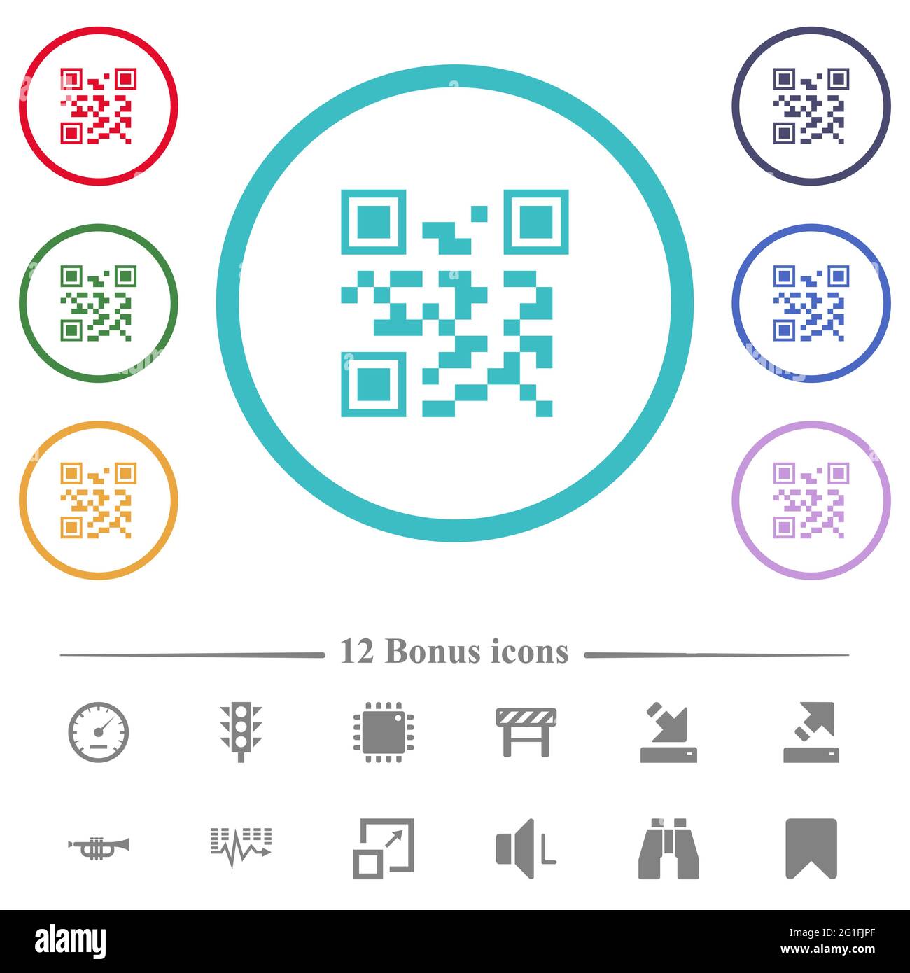 QR code flat color icons in circle shape outlines. 12 bonus icons ...