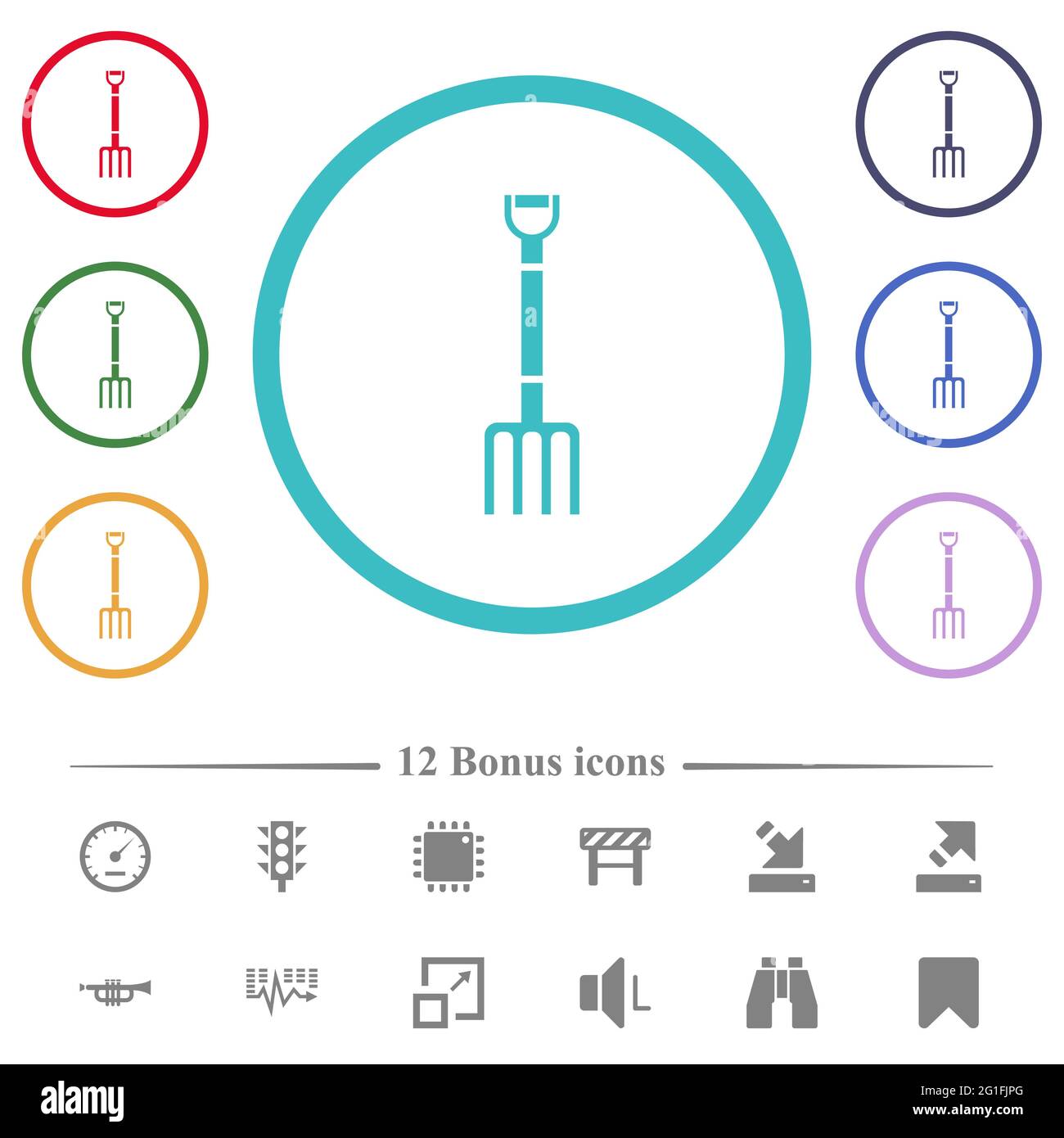 Pitchfork flat color icons in circle shape outlines. 12 bonus icons ...