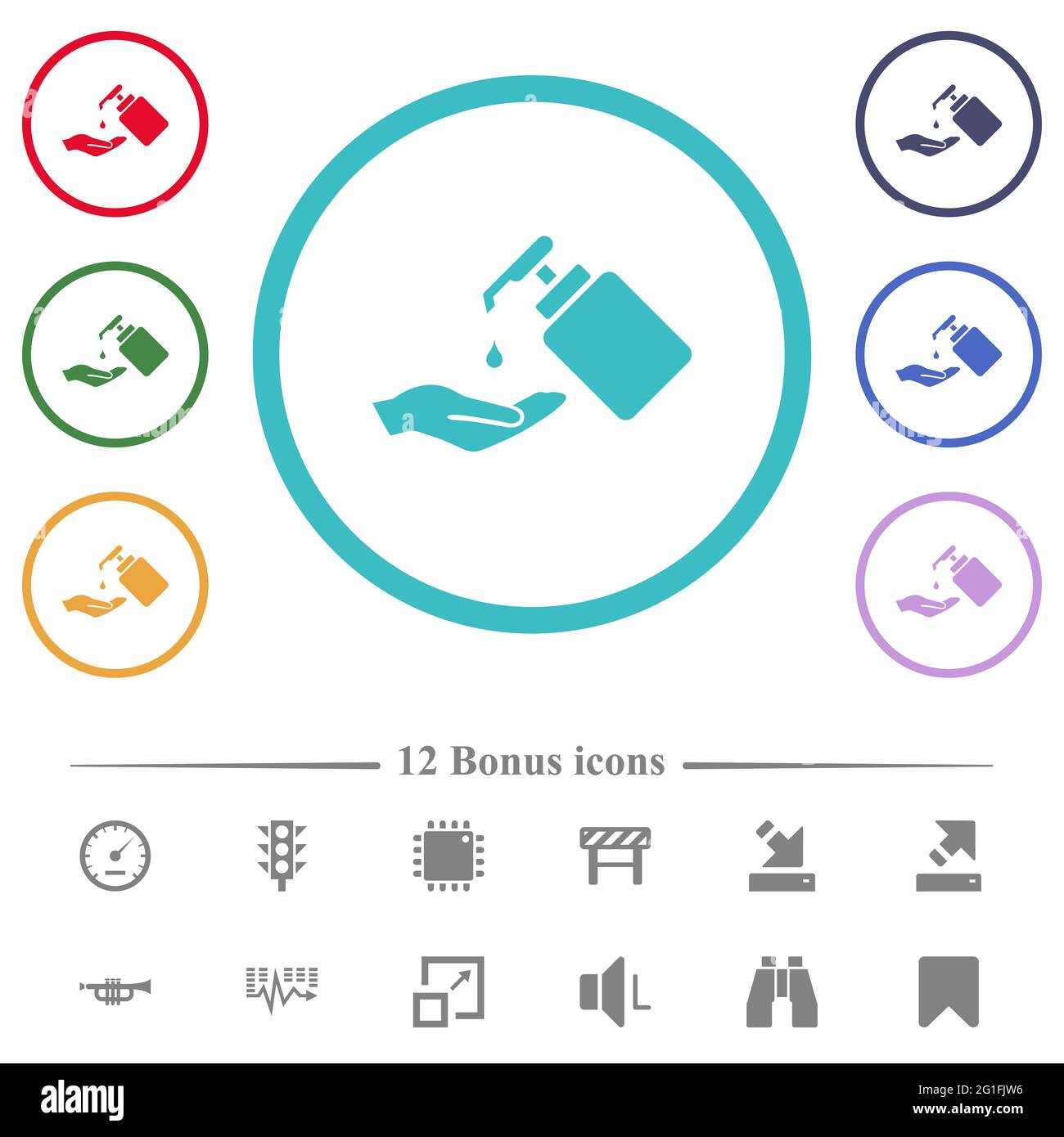 Hand washing with liquid soap flat color icons in circle shape outlines ...