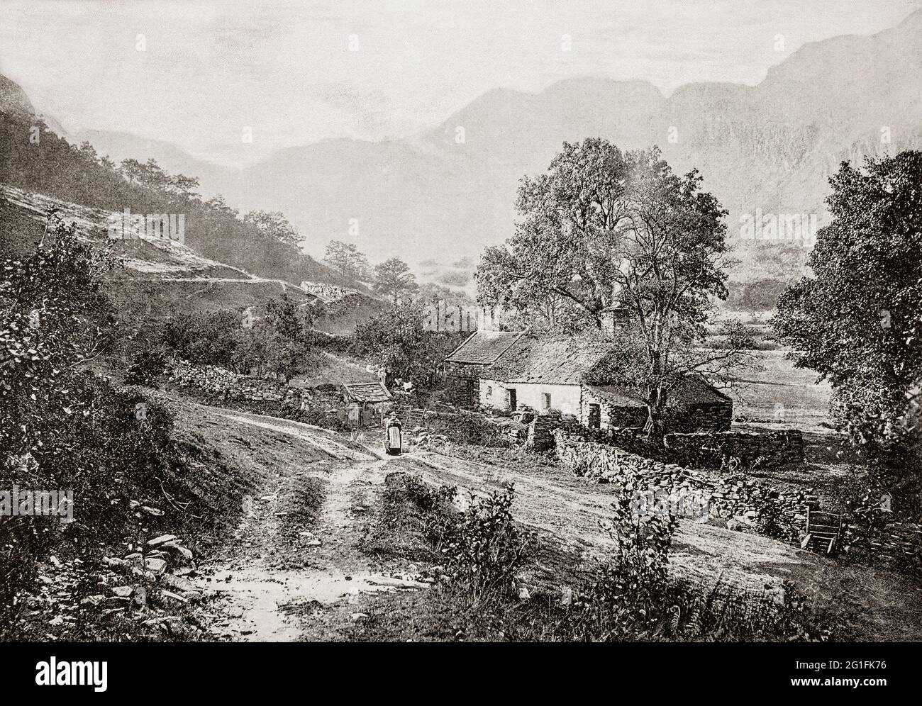 A late 19th century view of a cottage above the village of Trefriw in ...