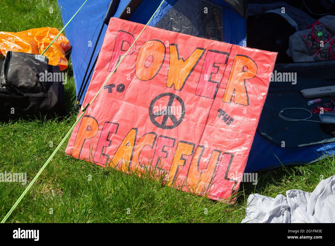 Colourful signage at a freedom protest camp on Shepherd's Bush Green ...