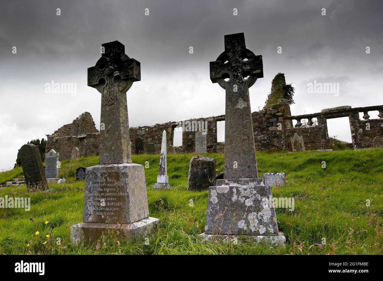 High crosses, Celtic cross, cemetery, church ruin, grey sky, Loch Cill ...