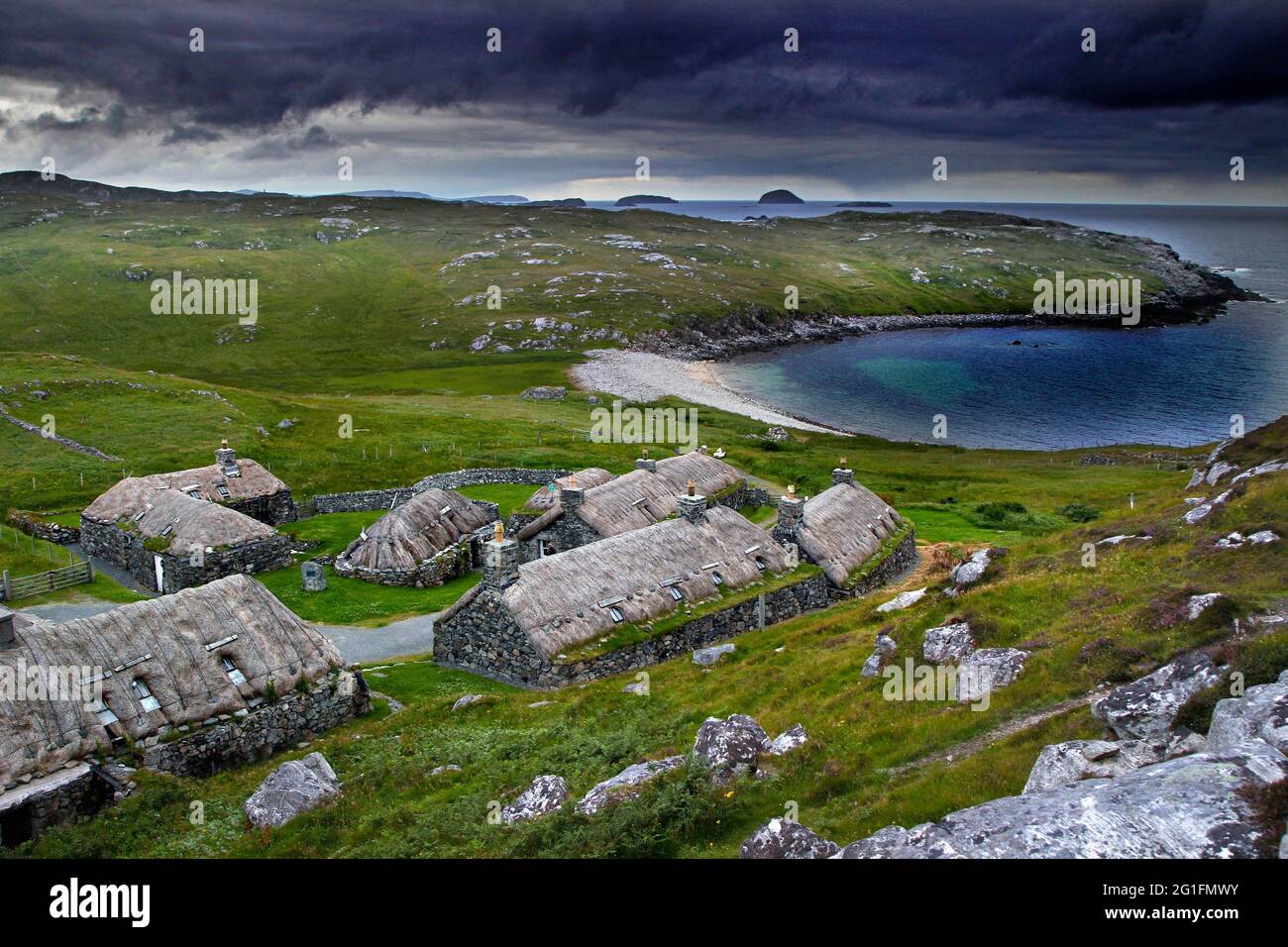 Landscape, coast, beach, Blackhouses village, traditional Hebridean ...
