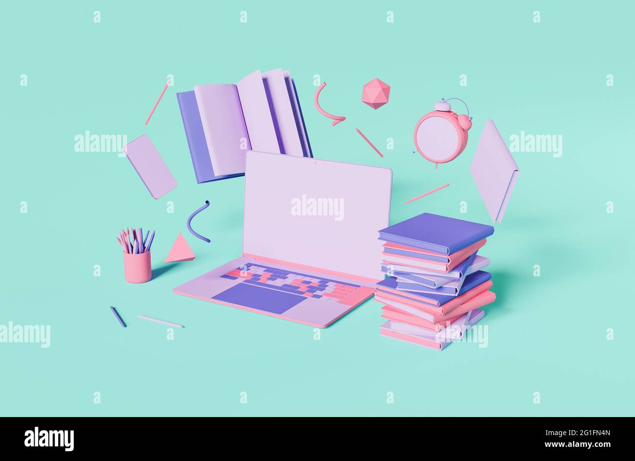 minimalistic scene of laptop orderly with books and geometrical shapes ...