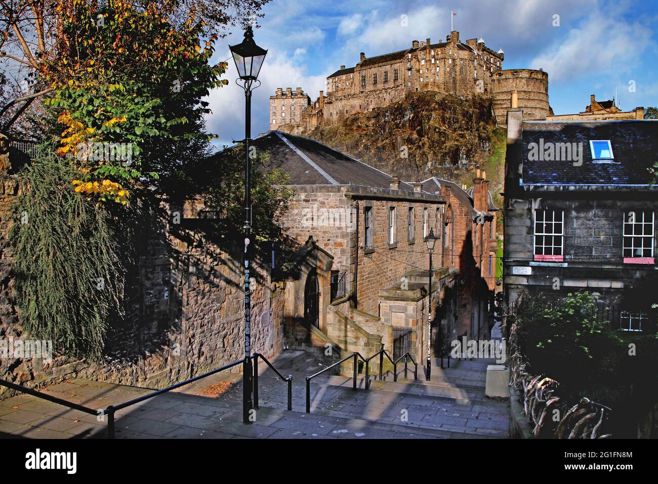 Edinburgh Castle, Castle Rock, view from Old Town, alley between ...